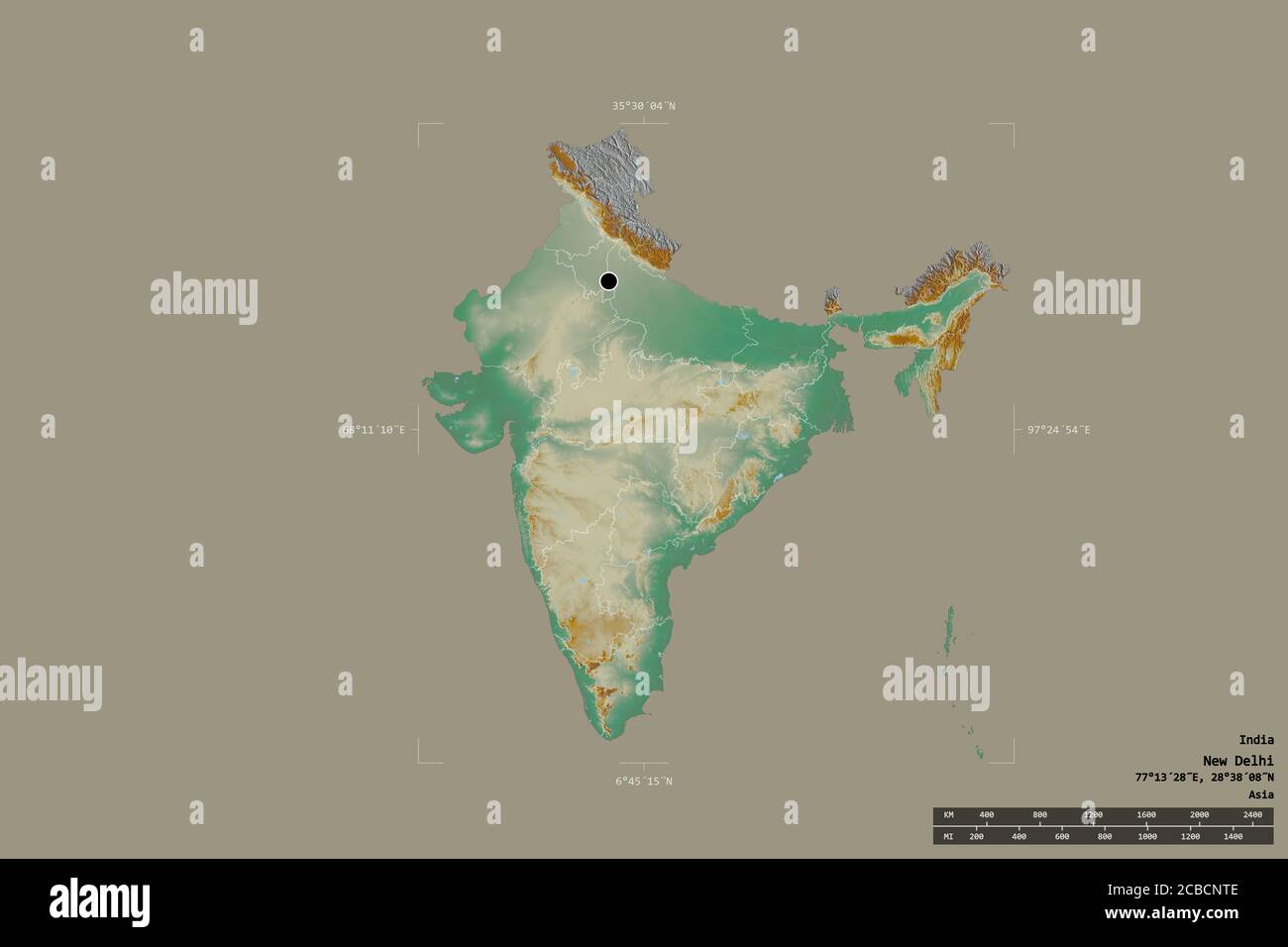 Area of India isolated on a solid background in a georeferenced ...