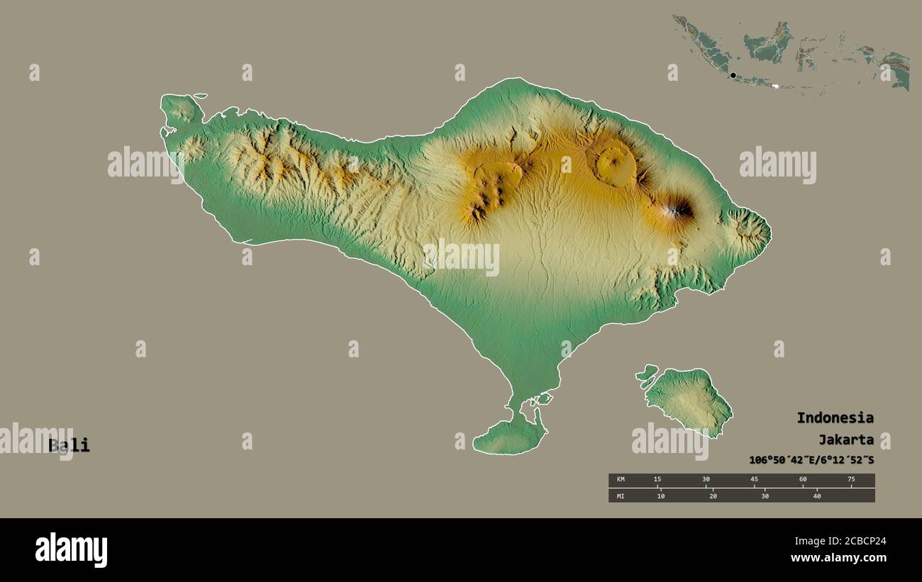 Shape of Bali, province of Indonesia, with its capital isolated on ...