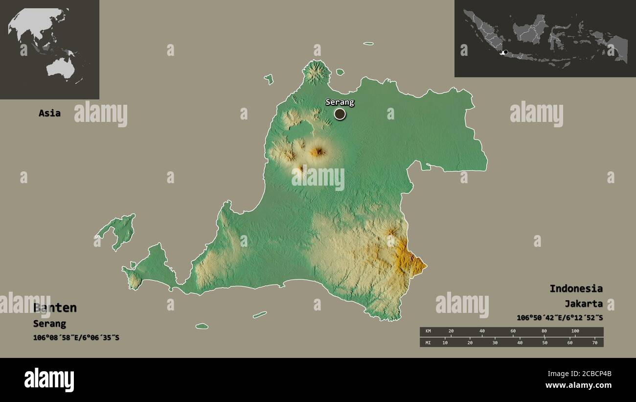 Shape of Banten, province of Indonesia, and its capital. Distance scale ...