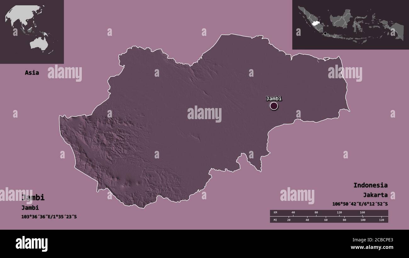 Shape of Jambi, province of Indonesia, and its capital. Distance scale ...