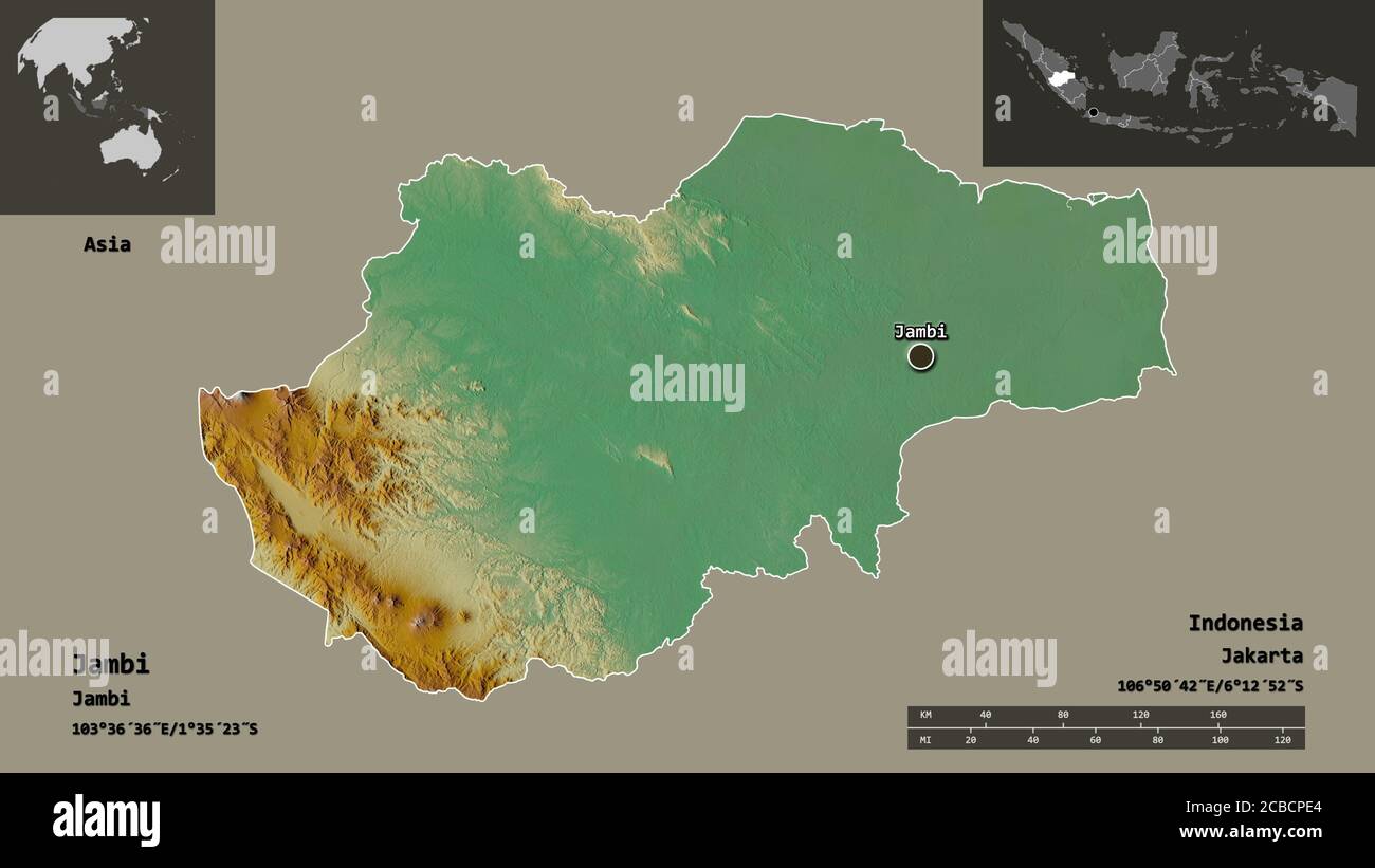 Shape of Jambi, province of Indonesia, and its capital. Distance scale ...