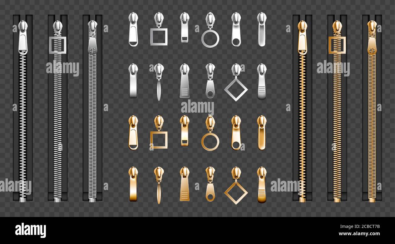 Metal zip fasteners, silver golden zippers with differently shaped puller and closed black ...