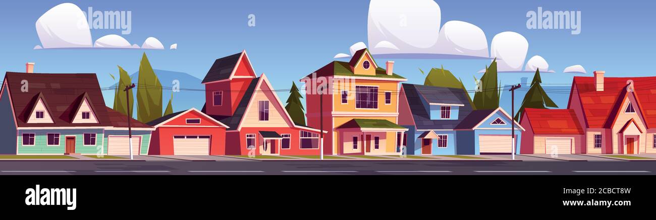 Suburb houses, suburban street with residential cottages, countryside ...