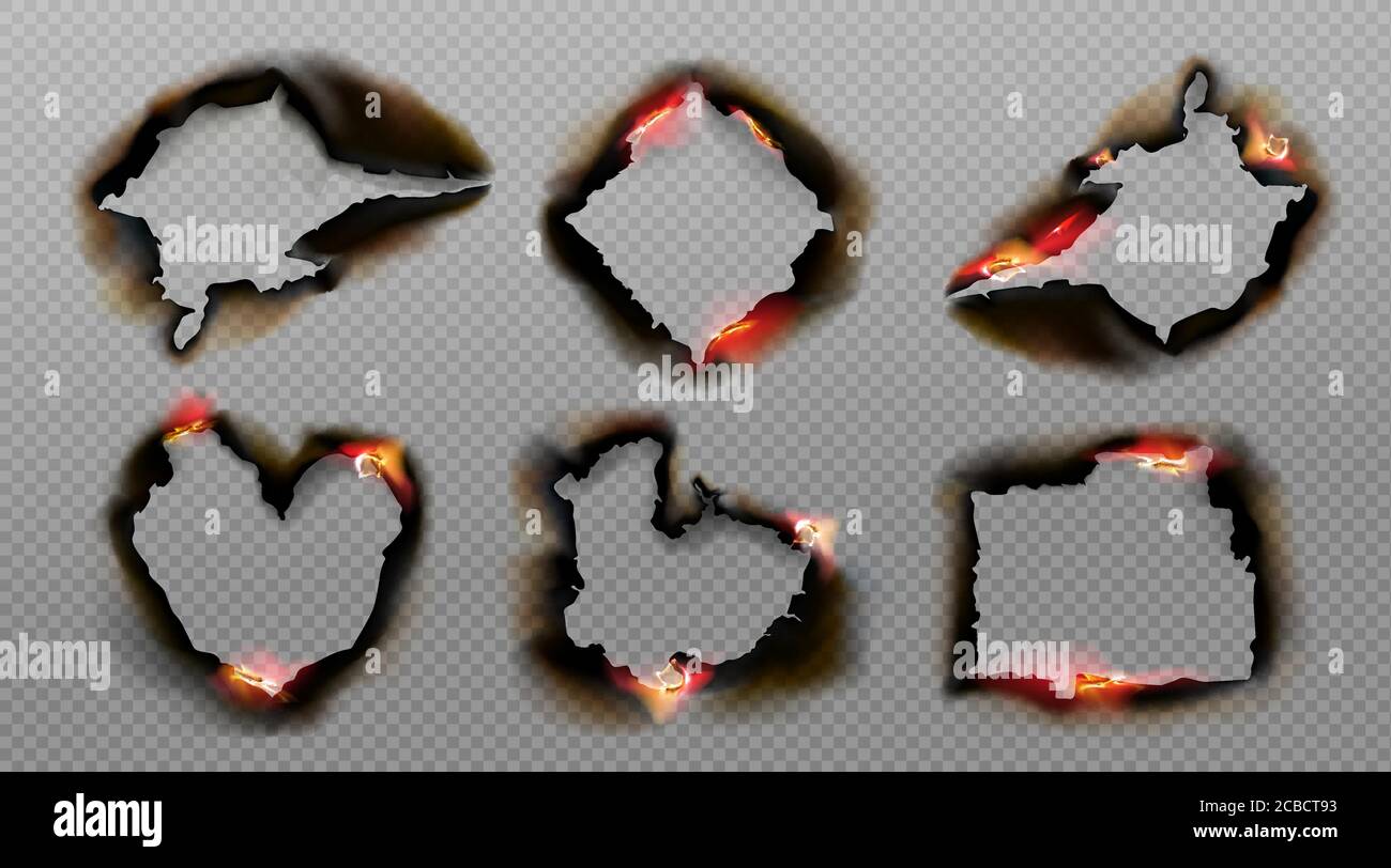 Burnt holes in paper with fire and black ash. Vector realistic set of ...