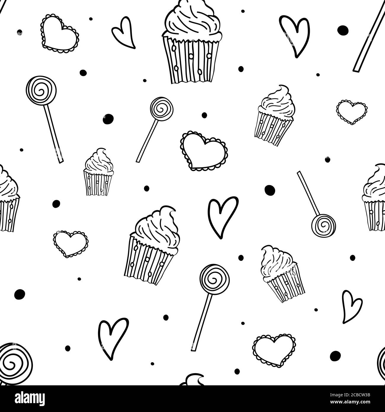 Sweet pattern. Seamless pattern with sweets, cupcakes and hearts. Hand drawn party background ...