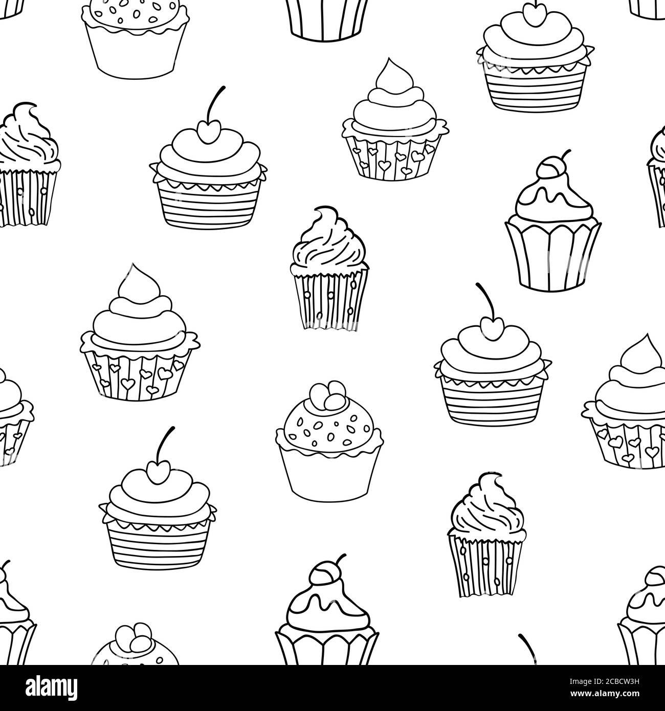 Sweet pattern. Doodle seamless pattern with cupcakes on white background. Vector illustartion ...