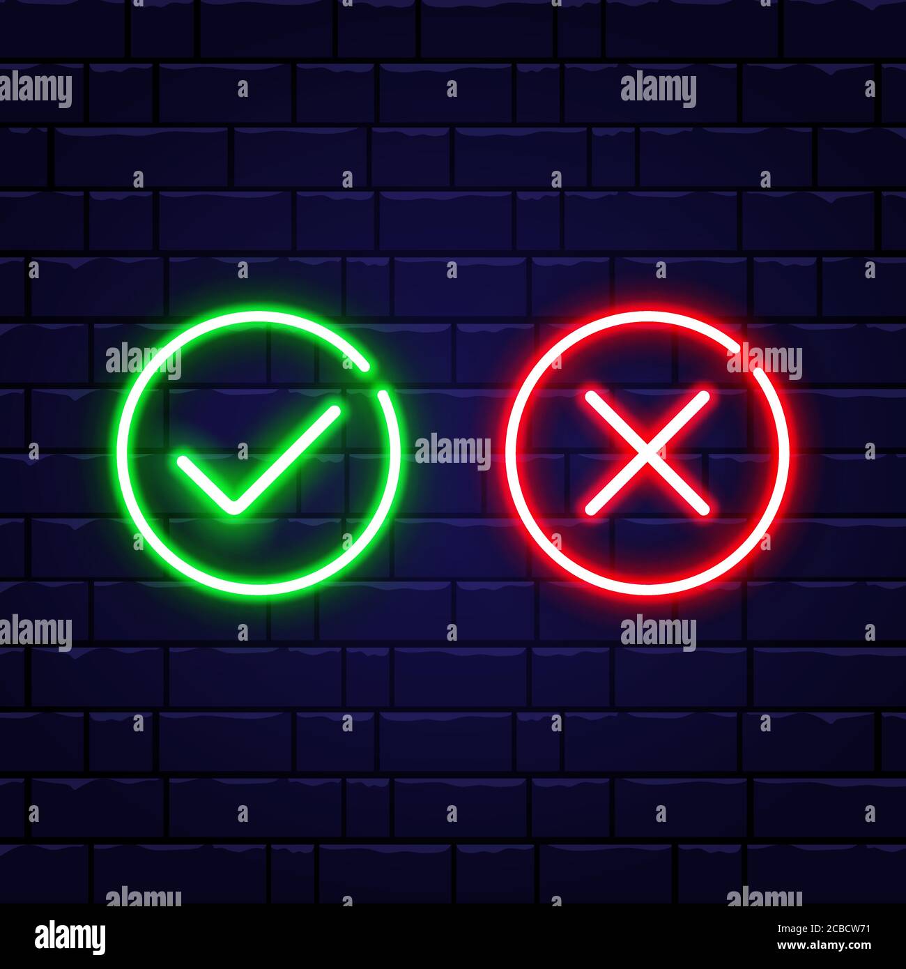 Neon check mark and red cross on brick wall. Accept and reject. Green ...