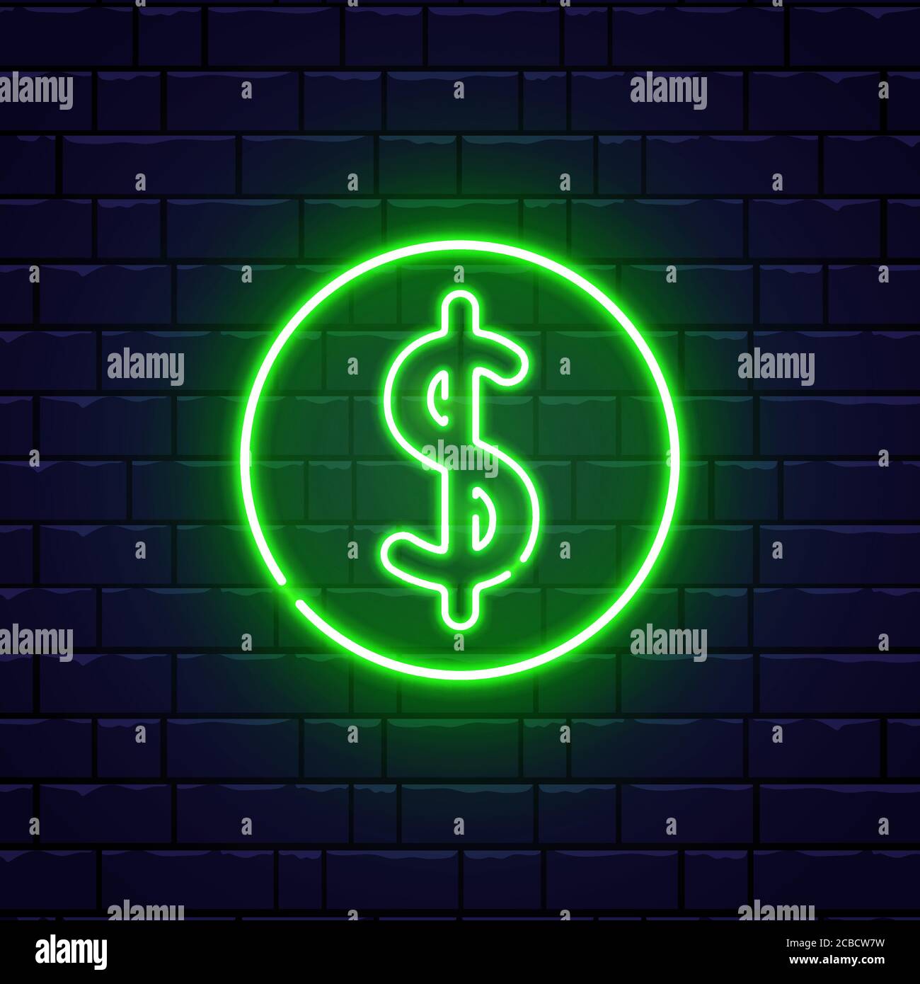 Dollar neon sign on brick wall. Money bright green symbol. Night bright ...