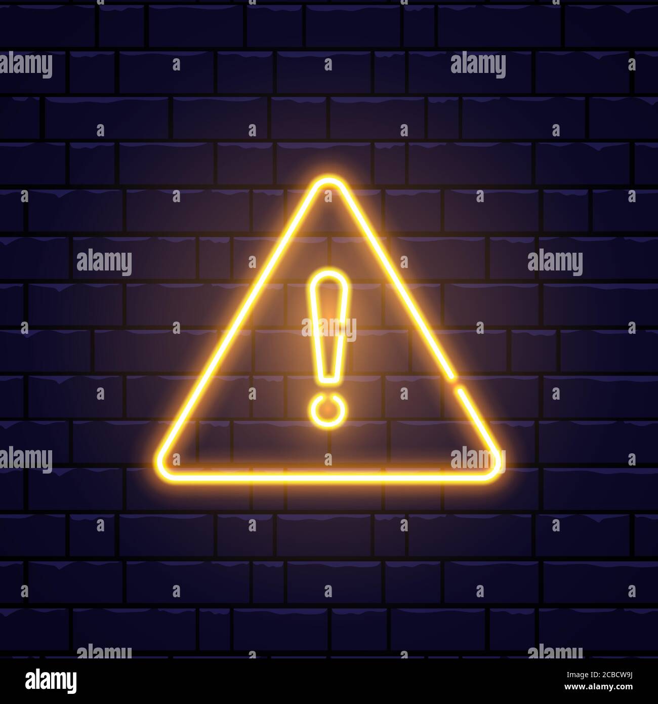 Caution neon sign on brick wall. Glowing gold exclamation mark icon ...