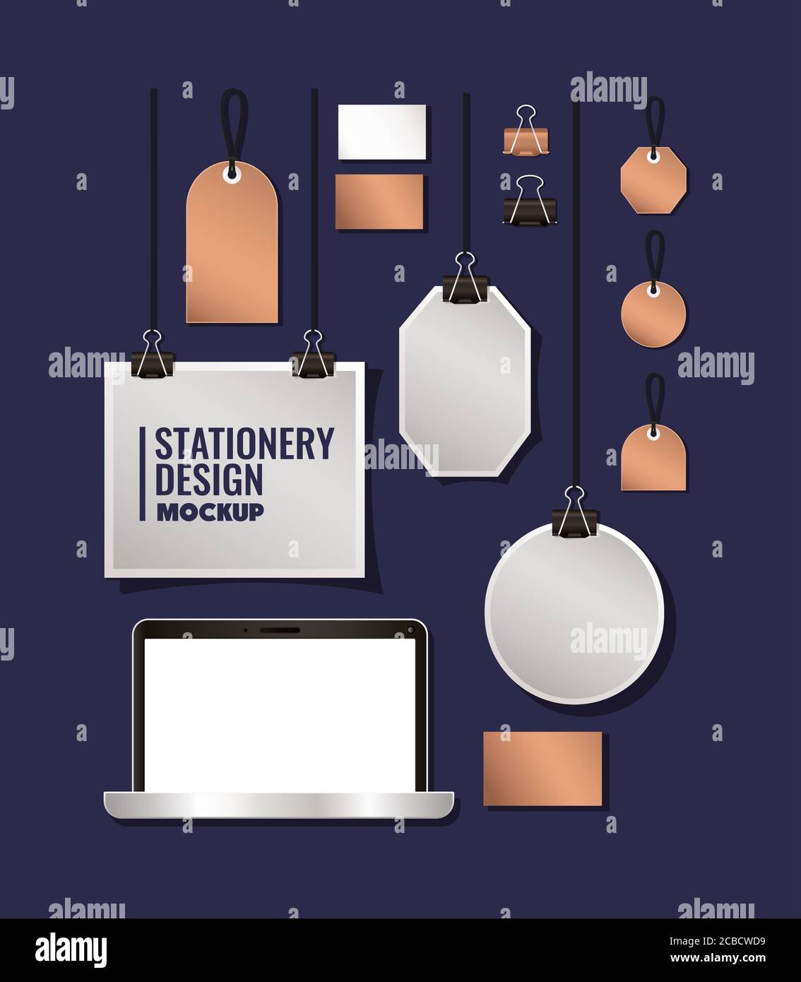 laptop and mockup labels on blue background of corporate identity and ...