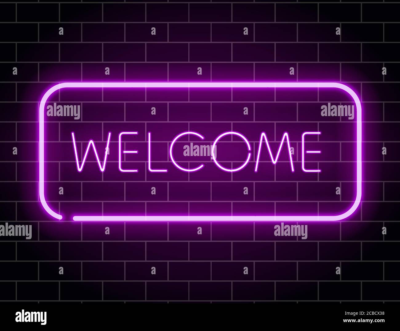 Neon welcome banner. Color neon frame on brick wall. Realistic glowing ...