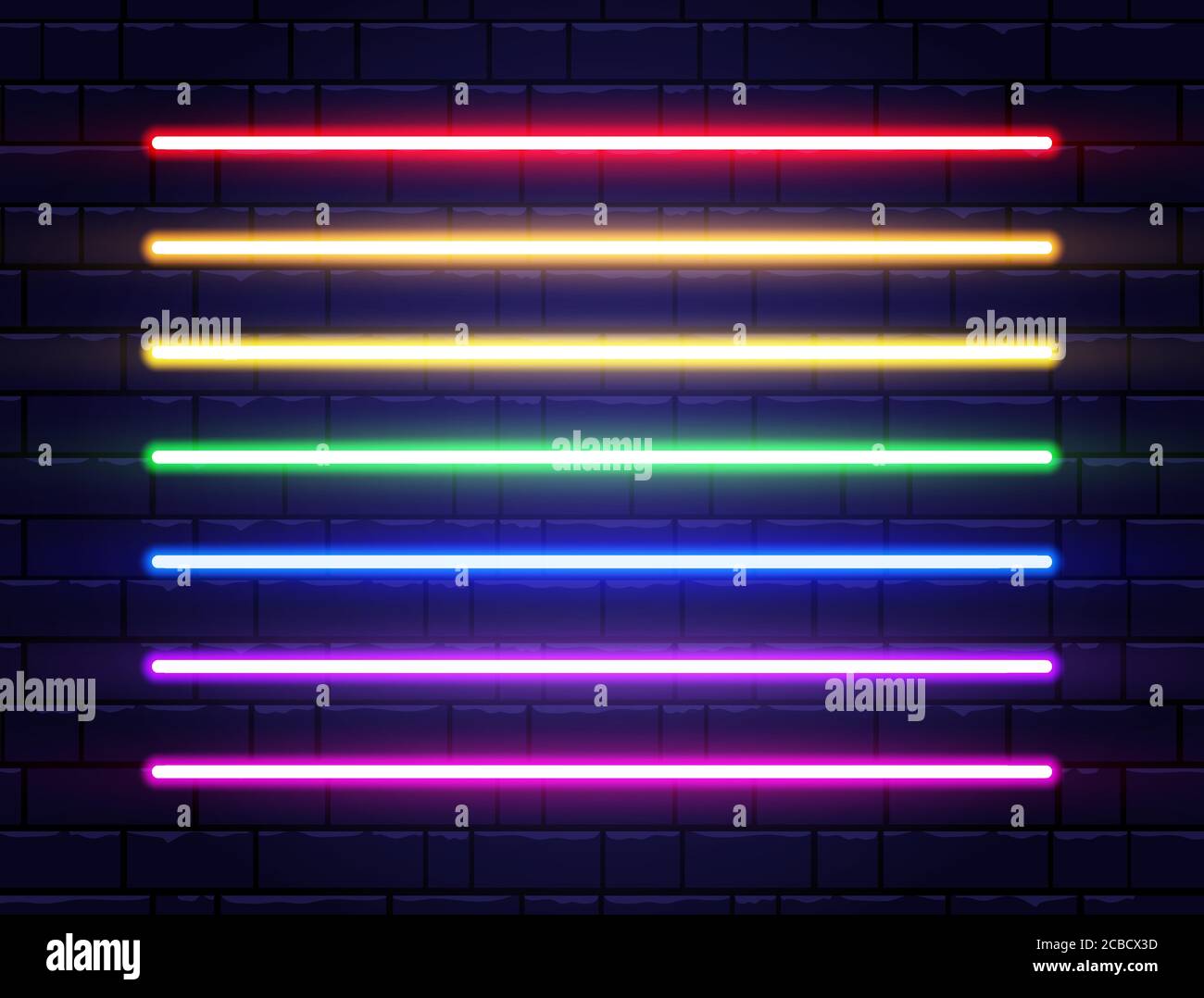 Neon lines collection on brick wall. Realistic led neon tube set ...