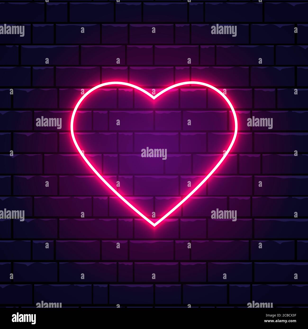 Neon pink heart. Night neon signboard on brick wall background with ...