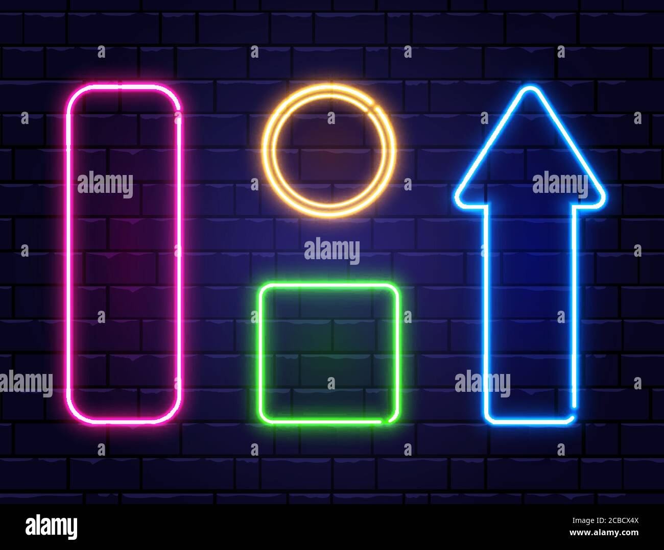Neon frames isolated on brick wall background. Realistic color neon ...
