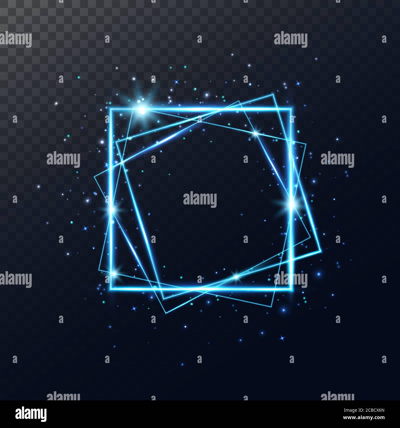Glowing blue neon frame. Shining square banner isolated on transparent ...