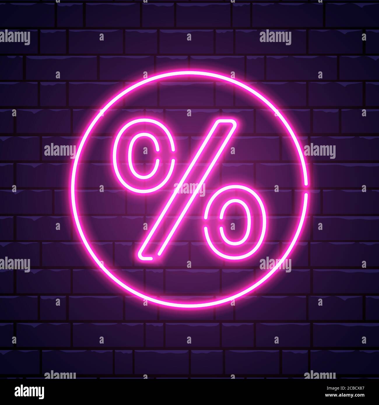 Percent neon sign. Color sale neon banner on brick wall. Special offers ...