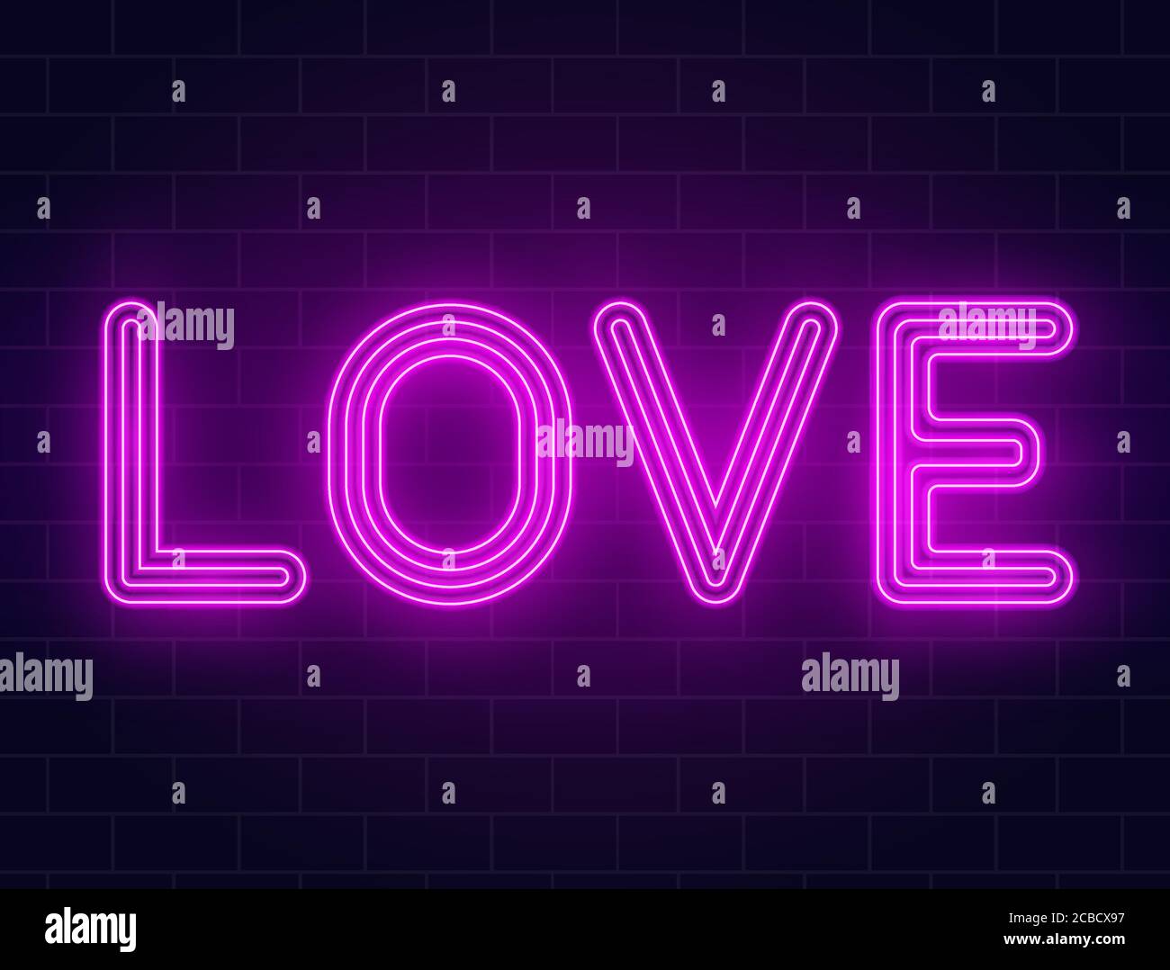Neon love text on a brick wall. Valentines day background with purple ...