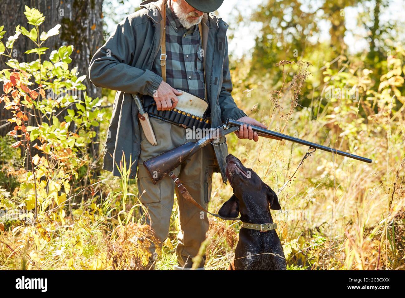 Black helper labrador with his owner hunter man in forest. Male loading ...