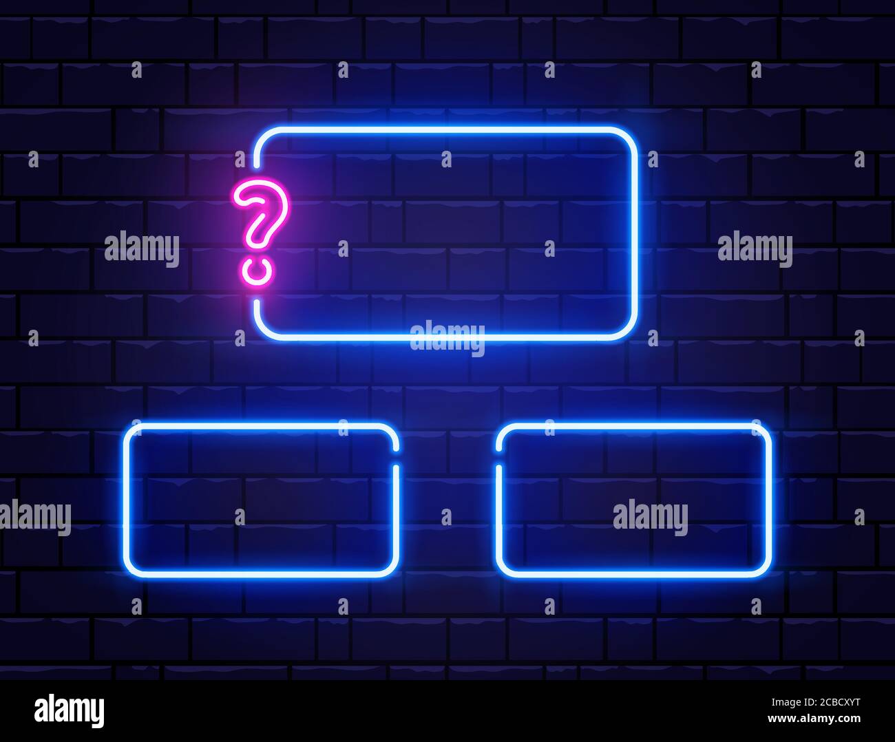 Quiz neon banner set. Glowing question mark. Color neon frames on brick ...