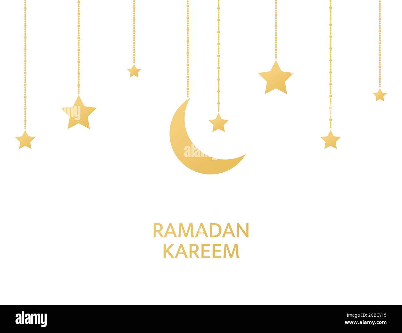 Golden crescent and stars hanging on white background. Ramadan Kareem arabic border. Eid Mubarak ...