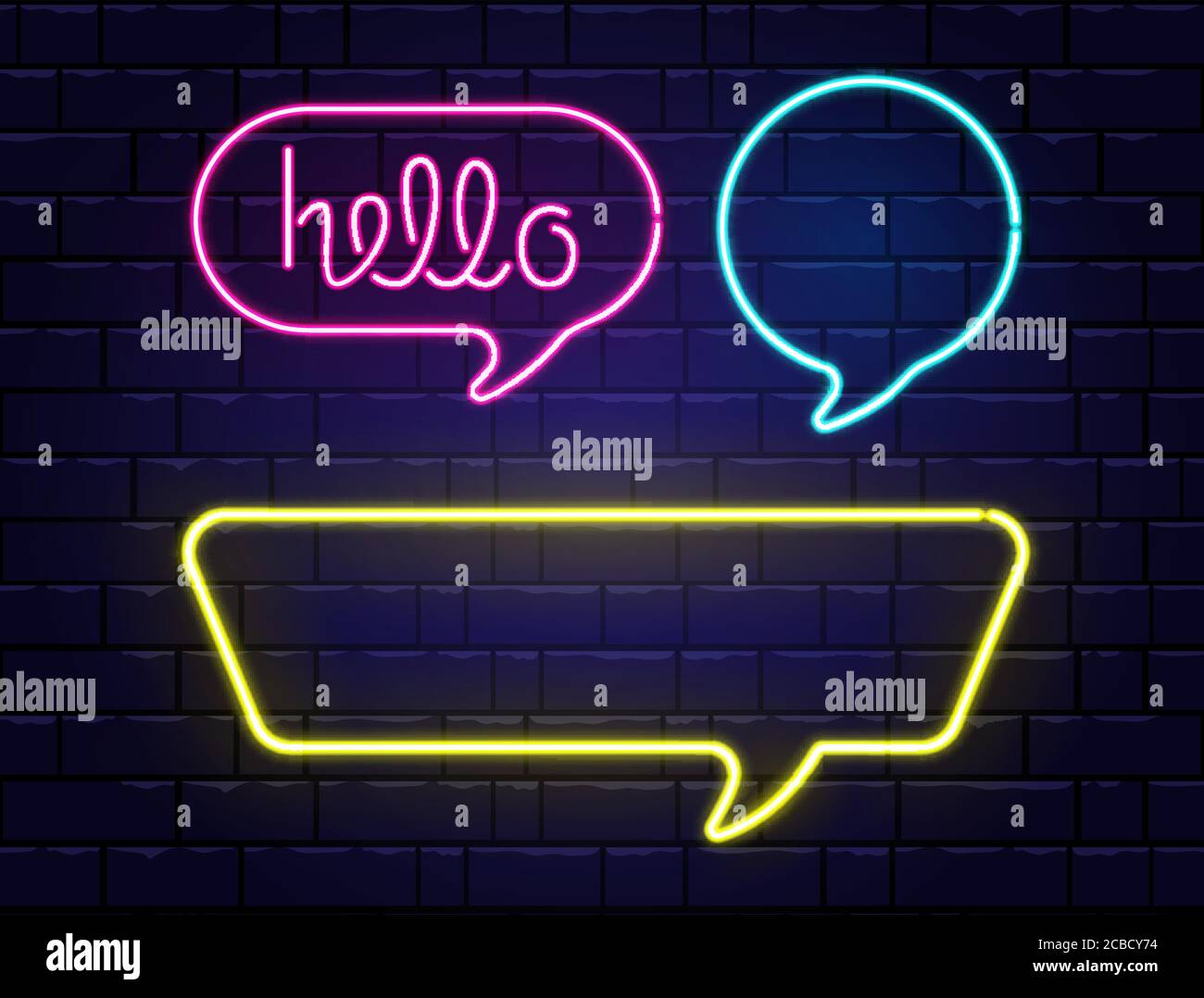 Neon speech bubbles set with space for text. Hello neon lettering ...