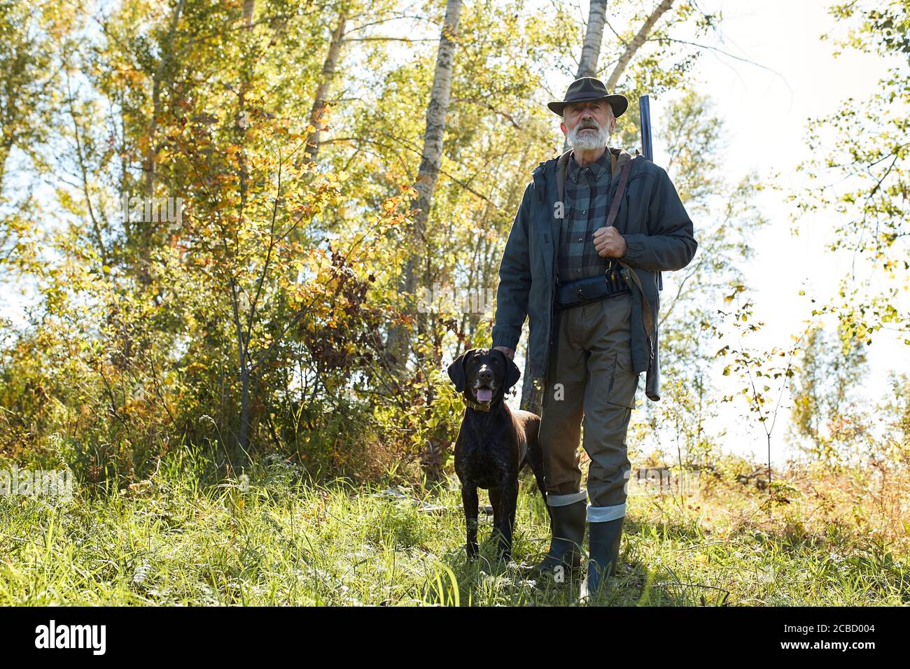 Senior hunter and his dog in forest, look for prey, hunting on wild ...