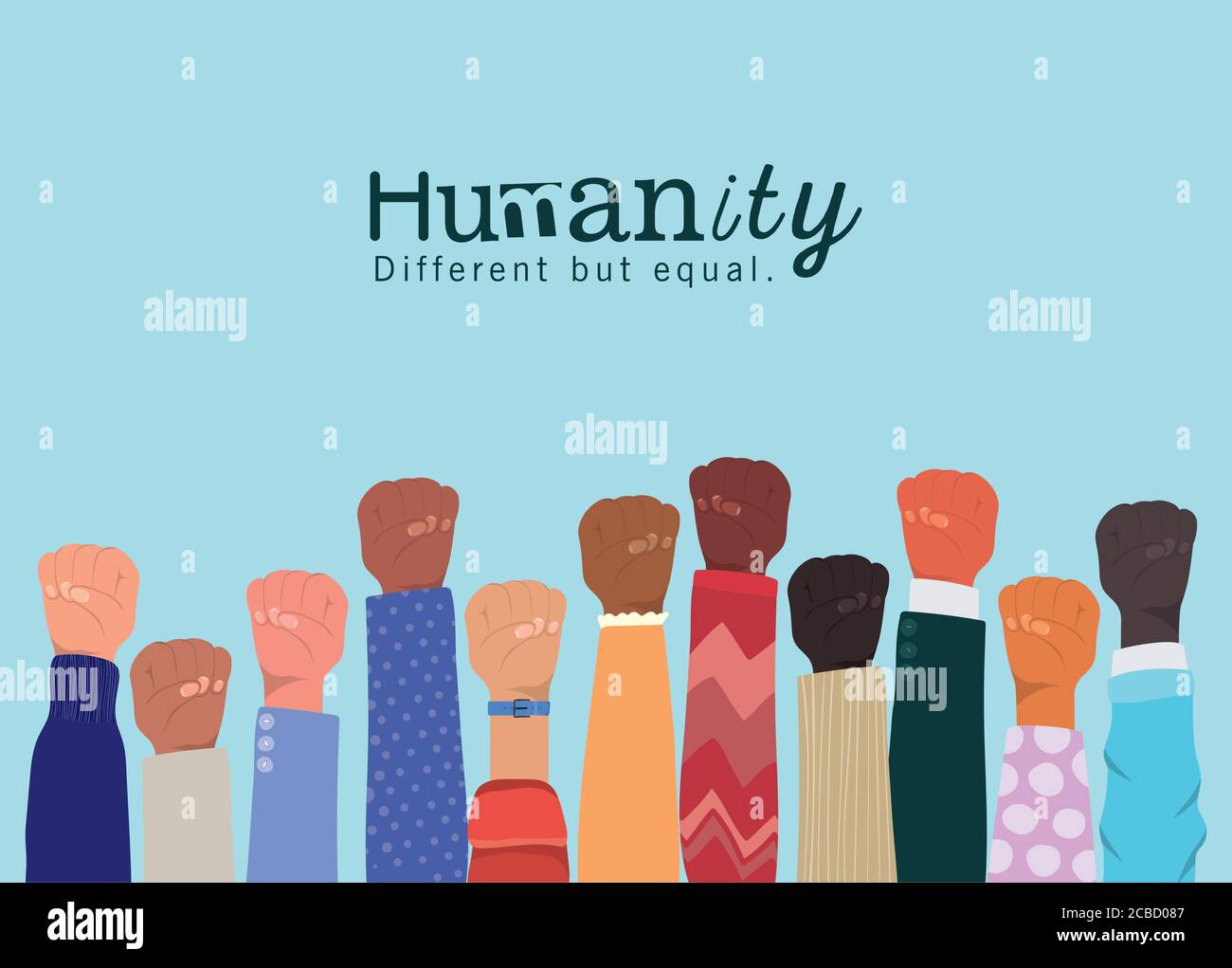 humanity different but equal and diversity hands up with fist sign ...