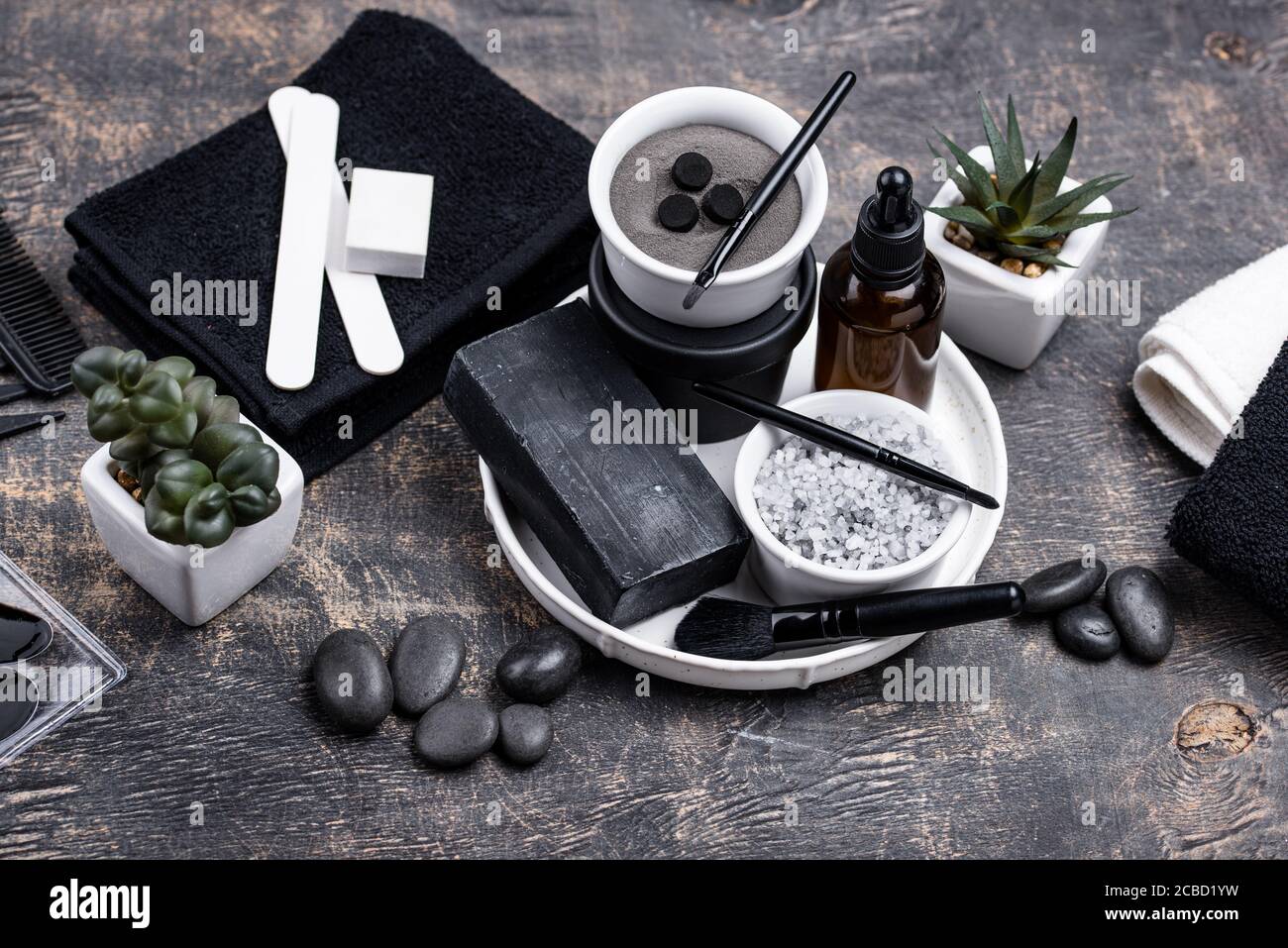 Set of black charcoal detox cosmetics Stock Photo - Alamy