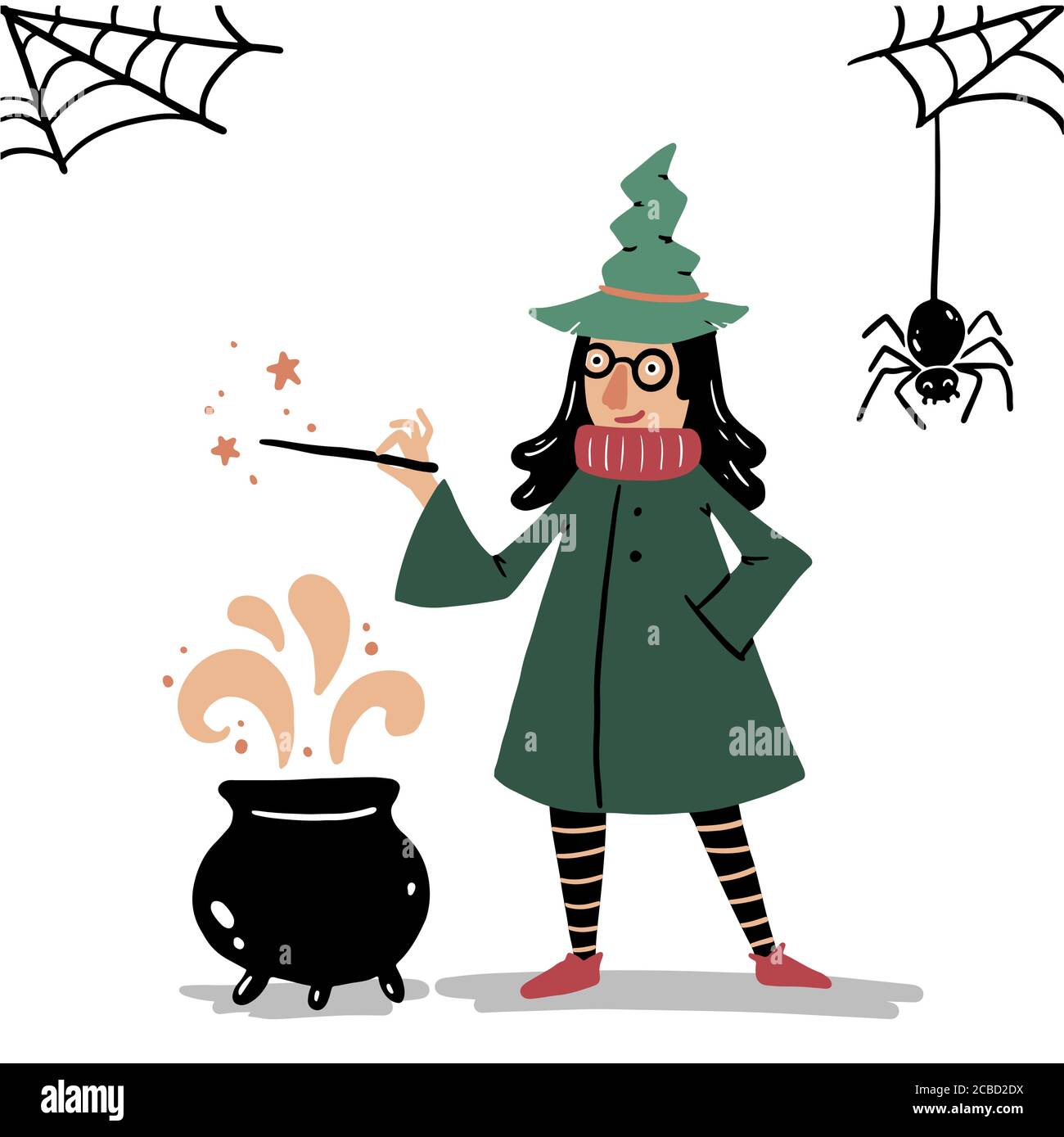 Hand drawn style witch with bowler, hat, magic wand. Vector ...