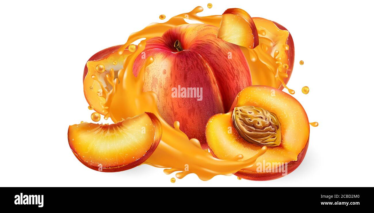 Whole and sliced peaches in a juice splash Stock Vector Image & Art - Alamy