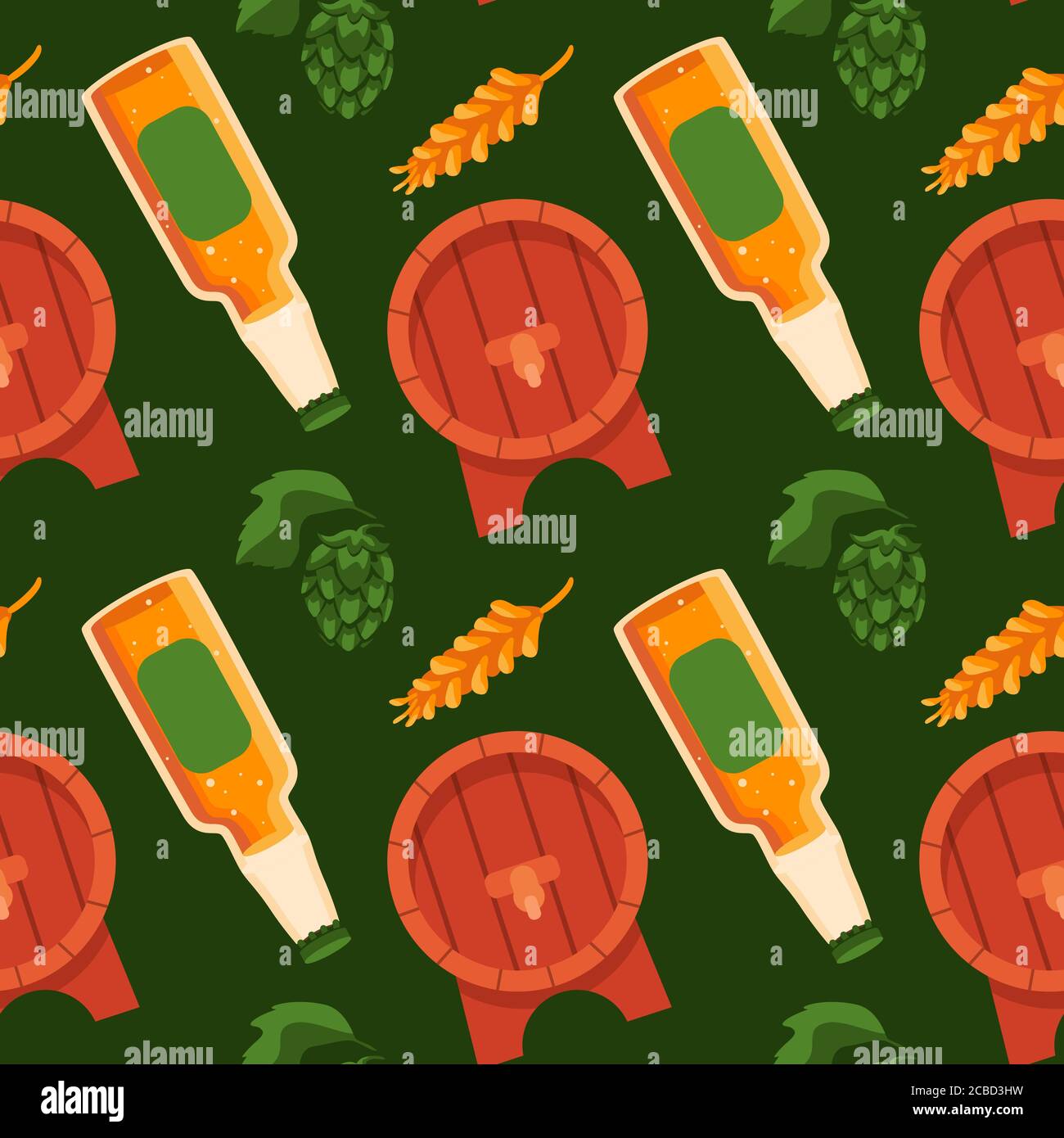 Retro barrel and beer bottle on green backdrop. Brewery seamless ...