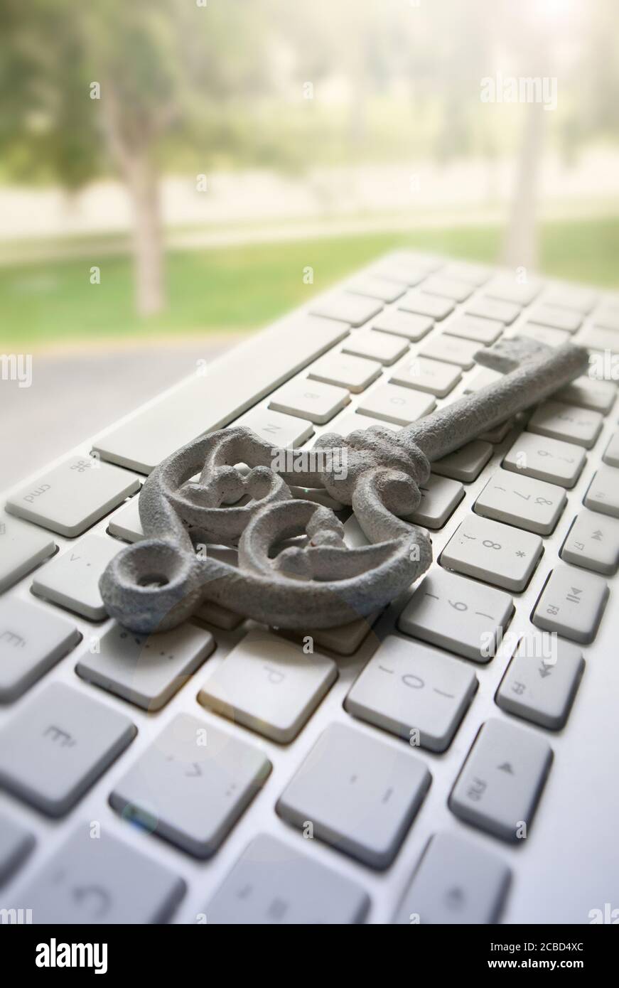 A white antique key on top of the computer's keyboard Stock Photo - Alamy