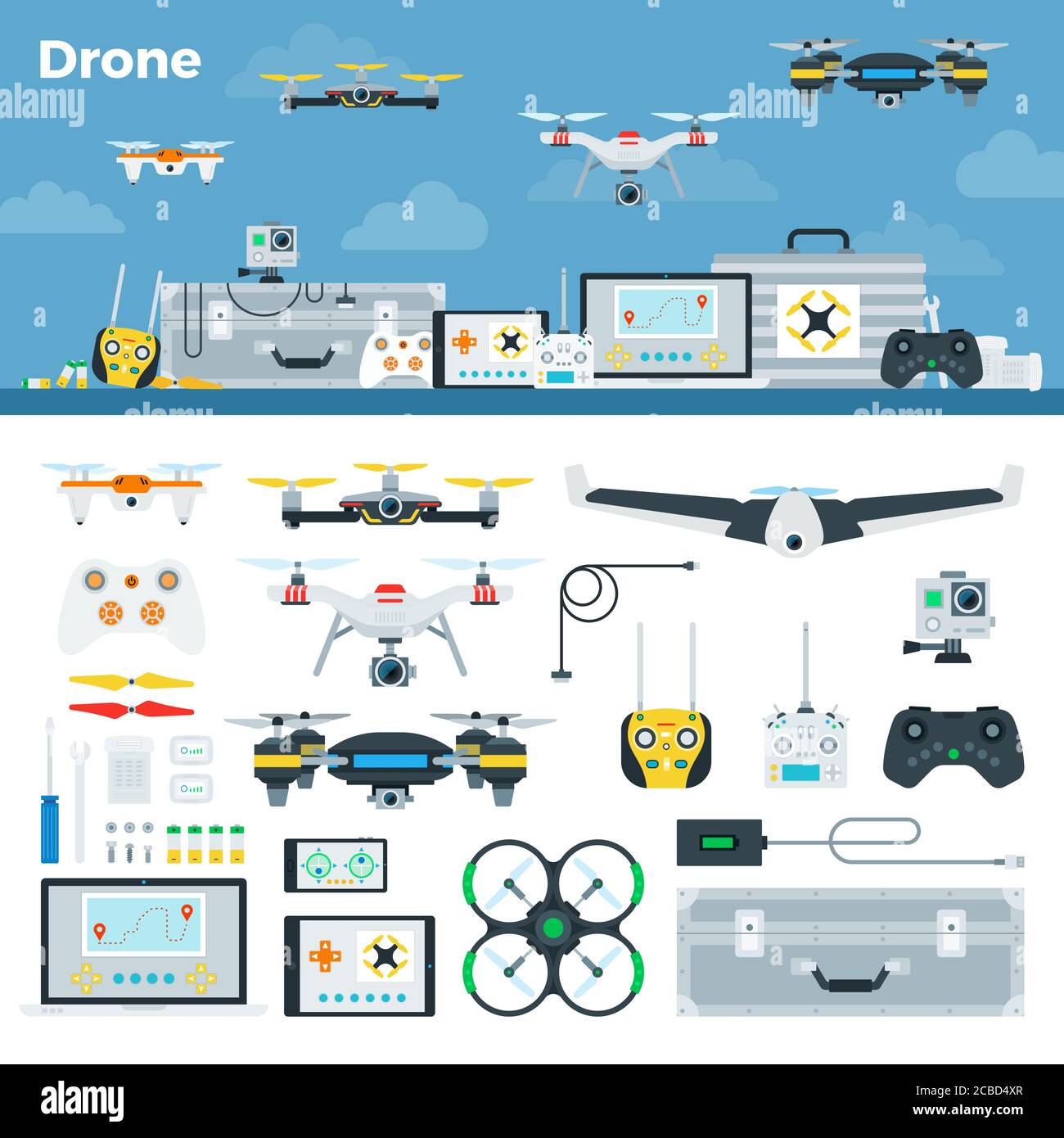 Illustration of different drones with equipment for storage, management ...