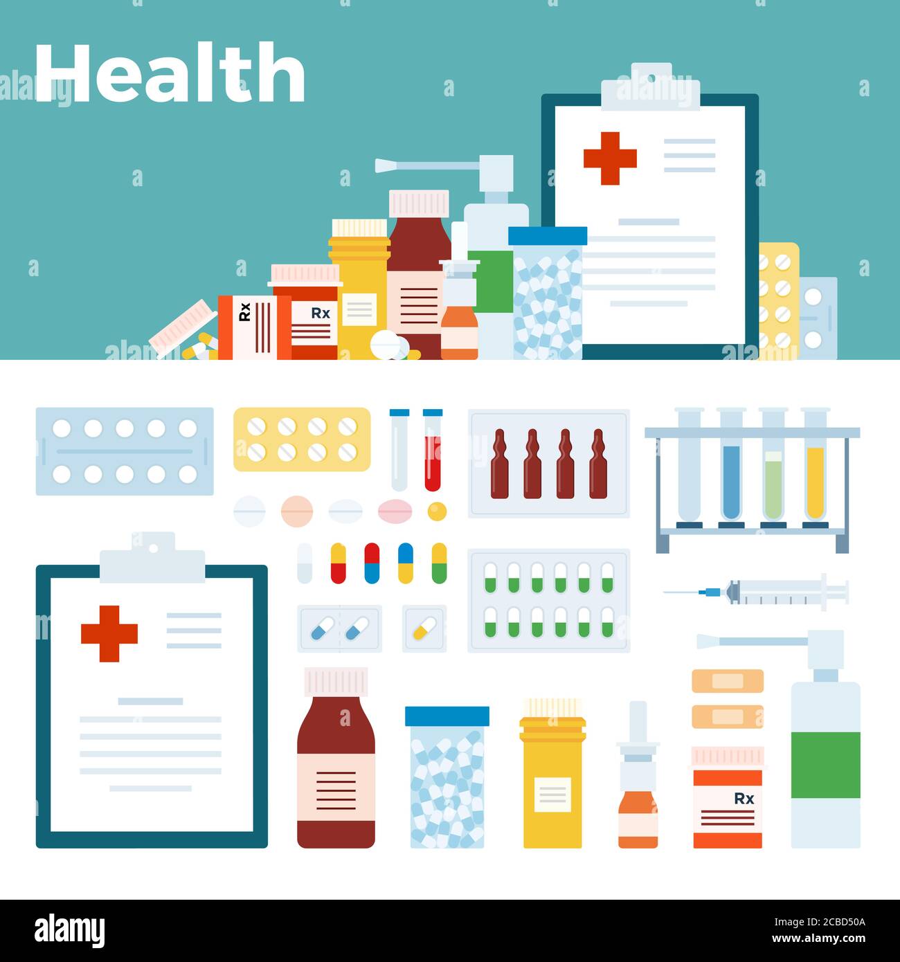 Illustration with various medicaments in the form of tablets ...