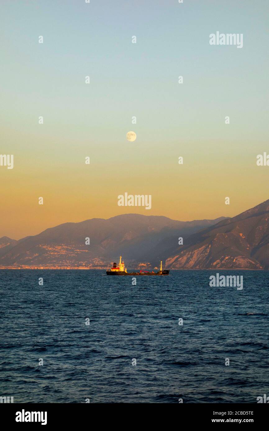 Full moon and ship, Bay of Pozzuoli, Naples, Campania,Italy, Europe ...
