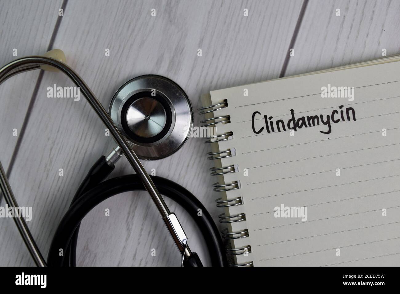 Clindamycin text write on a book isolated on office desk. Healthcare ...