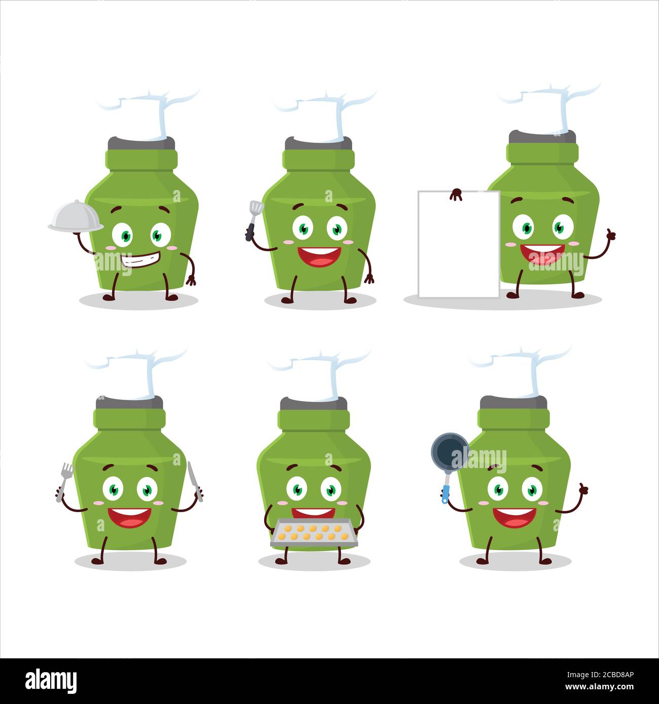 Cartoon character of green drink bottle with various chef emoticons ...
