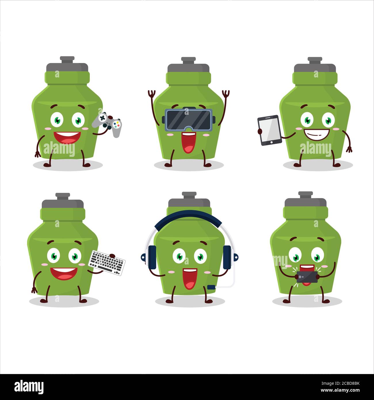 Green drink bottle cartoon character are playing games with various ...