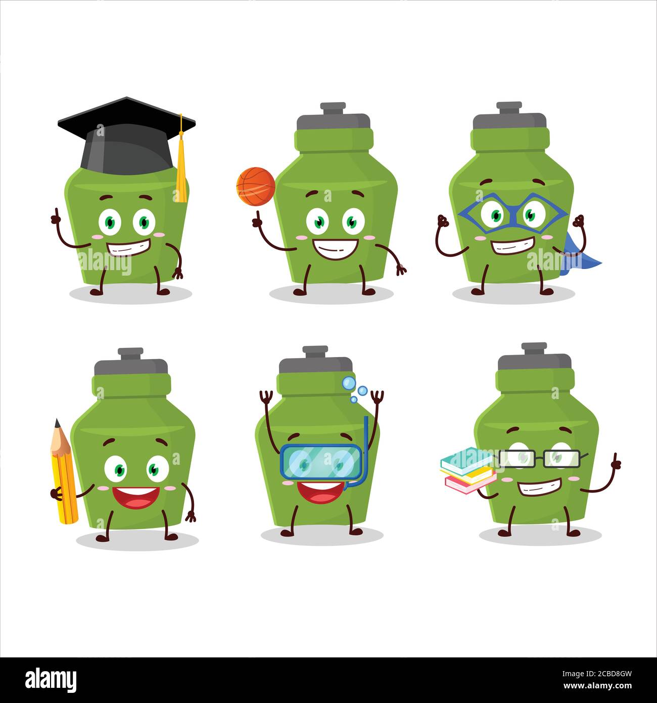 School student of green drink bottle cartoon character with various ...