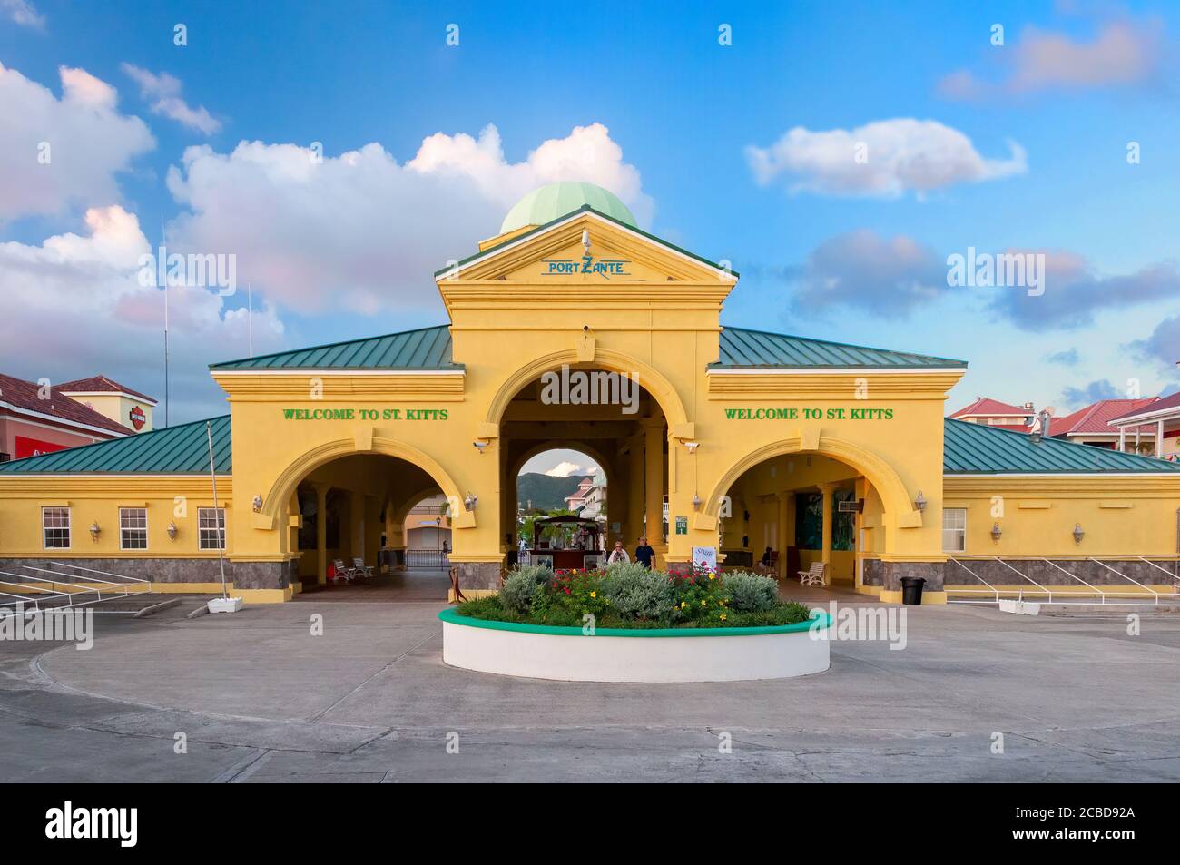 Saint Kitts - December 26, 2011: Yellow building of Zante cruise port ...