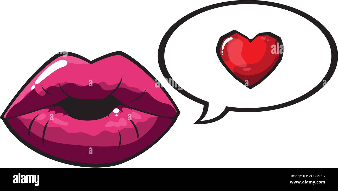 female and pink pop art mouth with bubble and heart design of retro ...