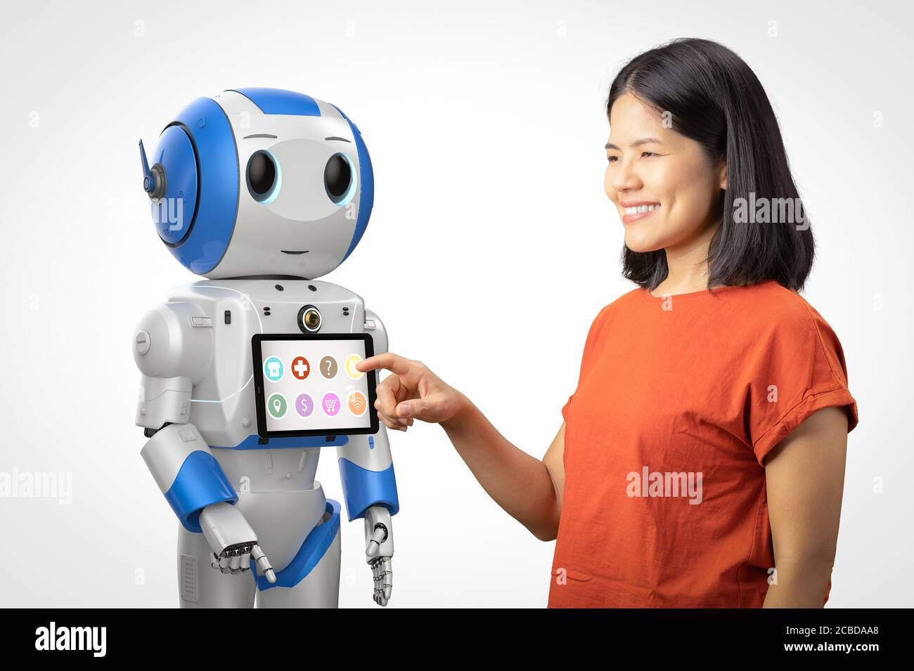 Robot assistant concept with asian woman and 3d rendering robot with ...