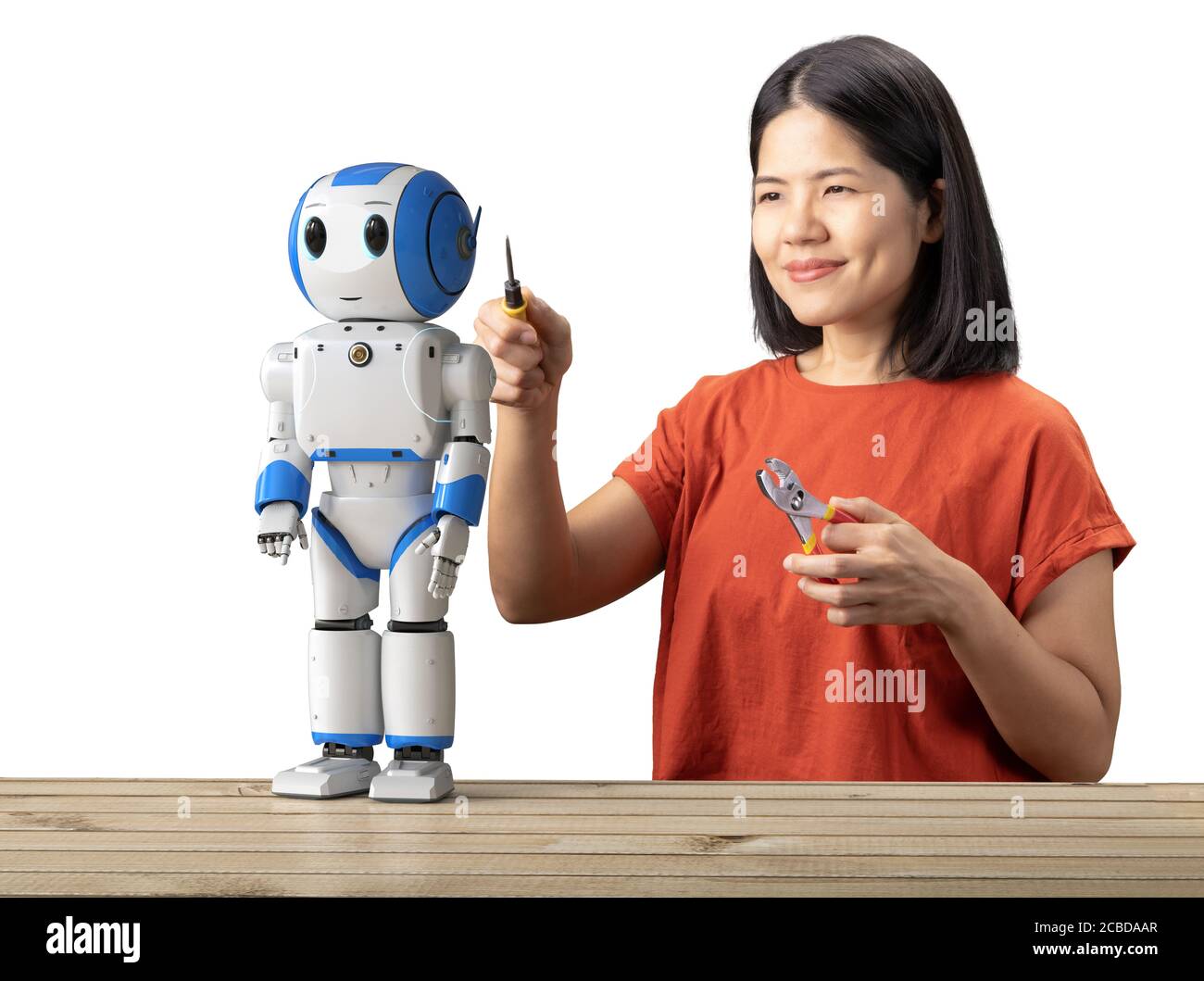 Robot assistant concept with asian woman fix 3d rendering robot Stock ...