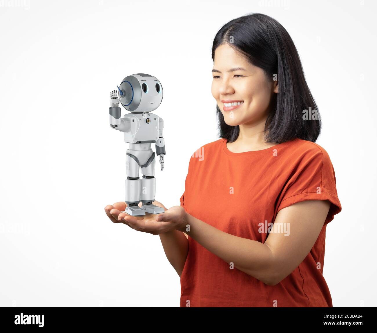 Robot assistant concept with asian woman hold 3d rendering robot Stock ...