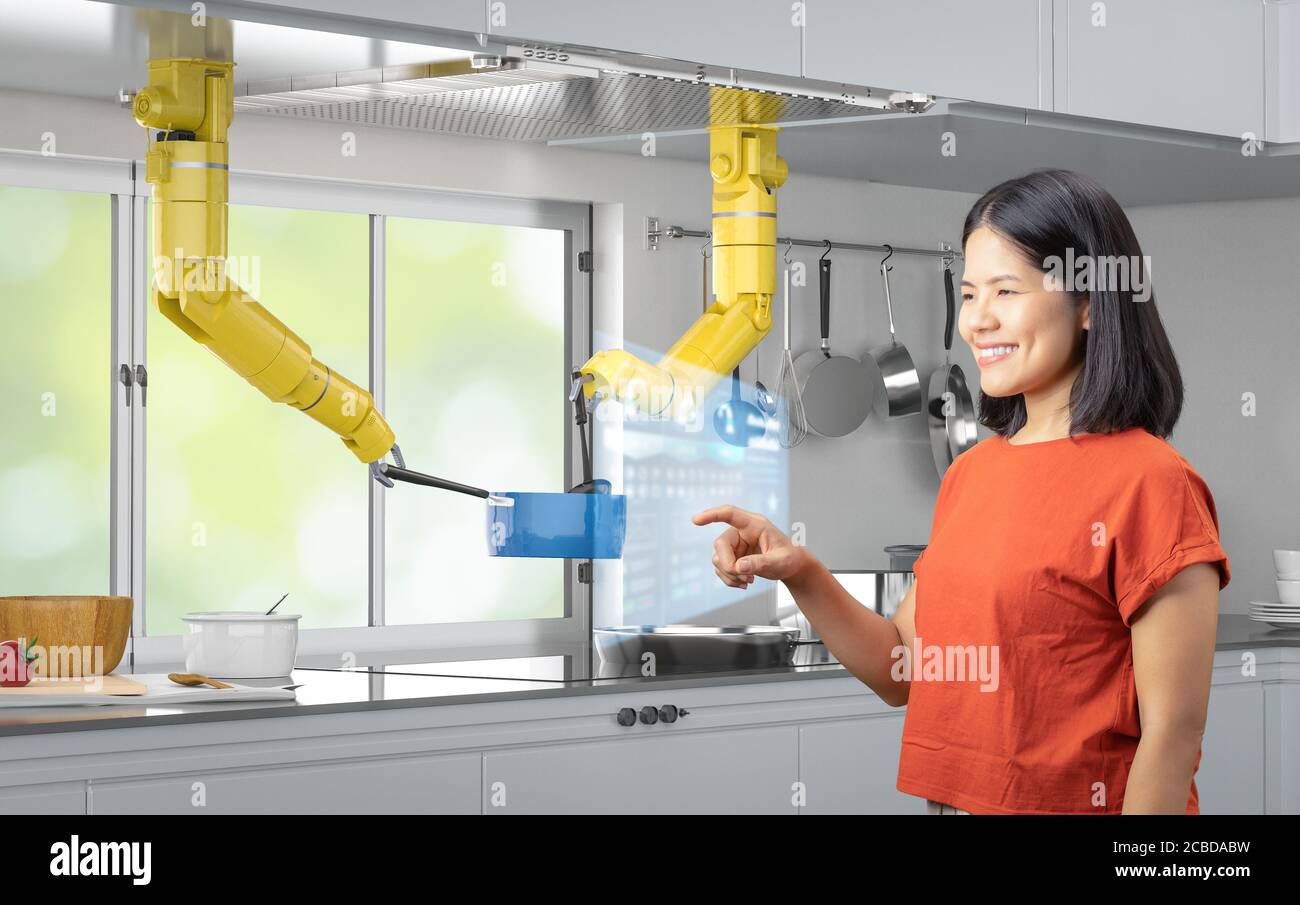 Smart kitchen concept with 3d rendering chef robot cooking in kitchen ...
