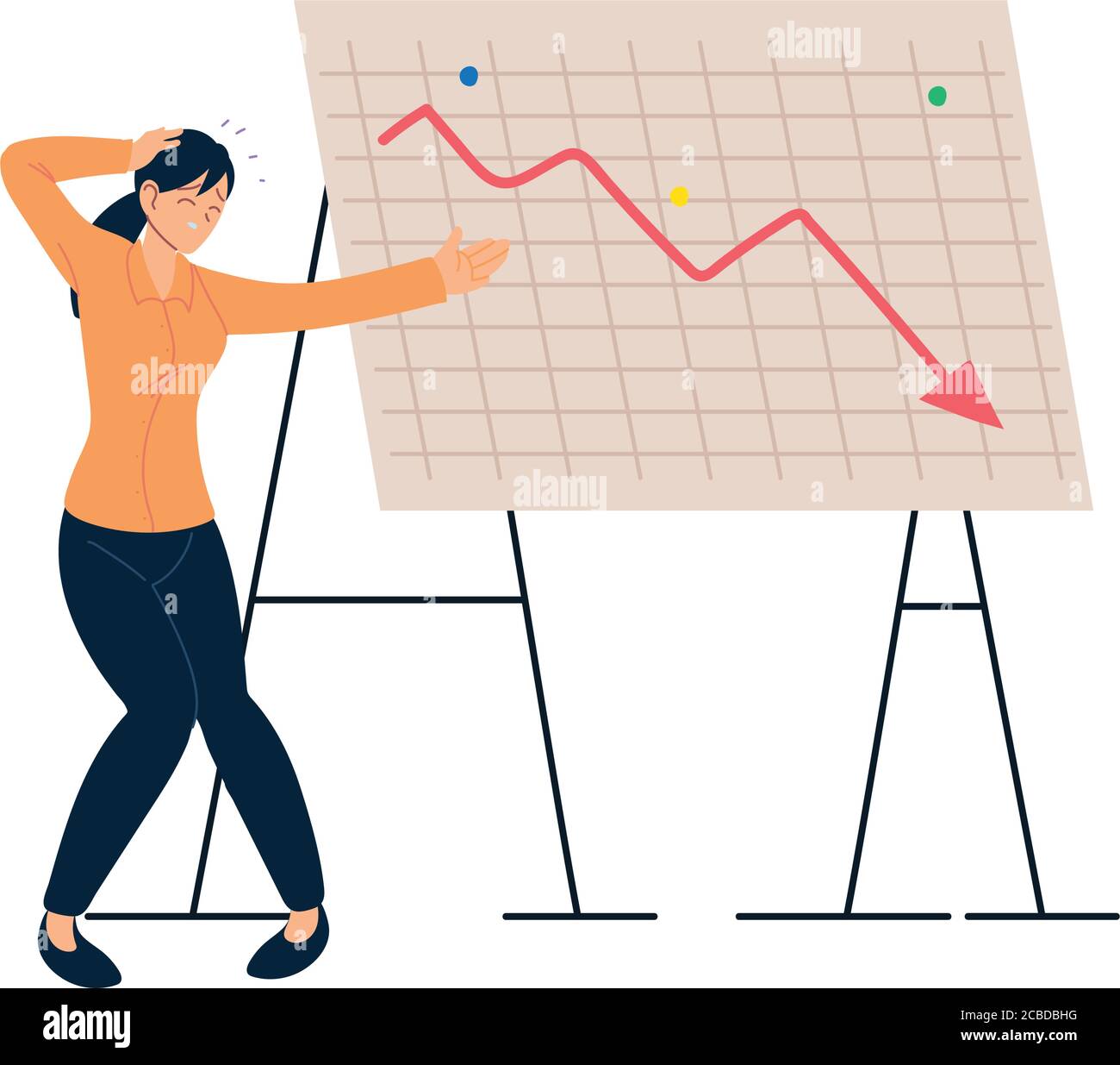 Businesswoman cartoon with headache and decrease arrow on board design, business and management ...