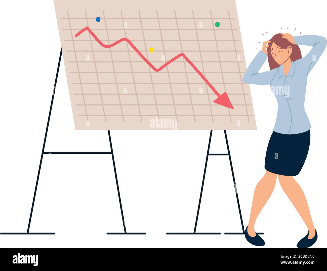 Businesswoman cartoon with headache and decrease arrow on board design, business and management ...