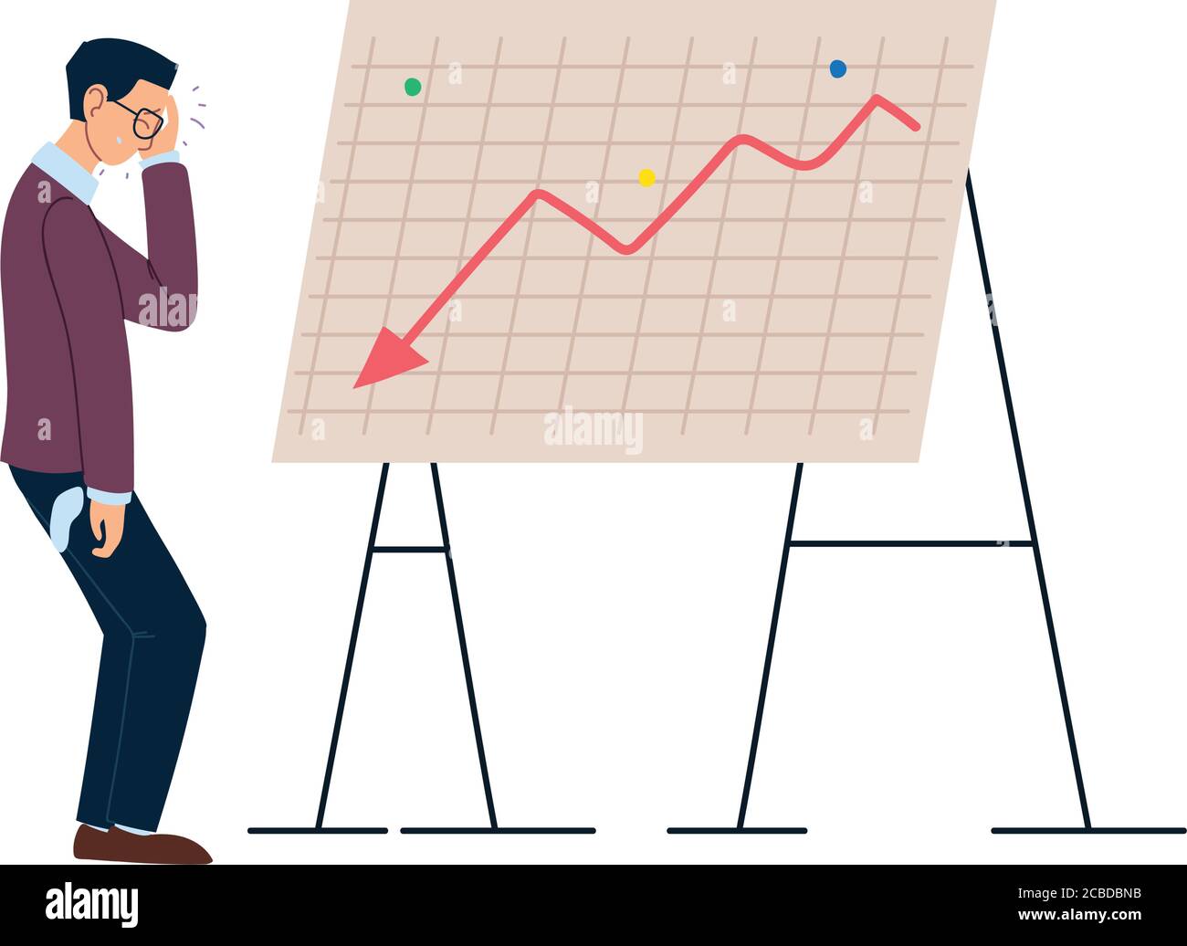 Businessman cartoon with headache with decrease arrow on board design, business and management ...