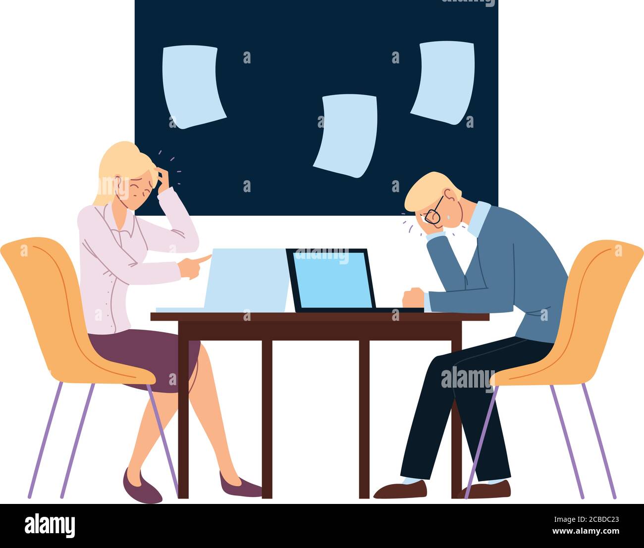 Businessman and businesswoman cartoons with headache and desk design ...
