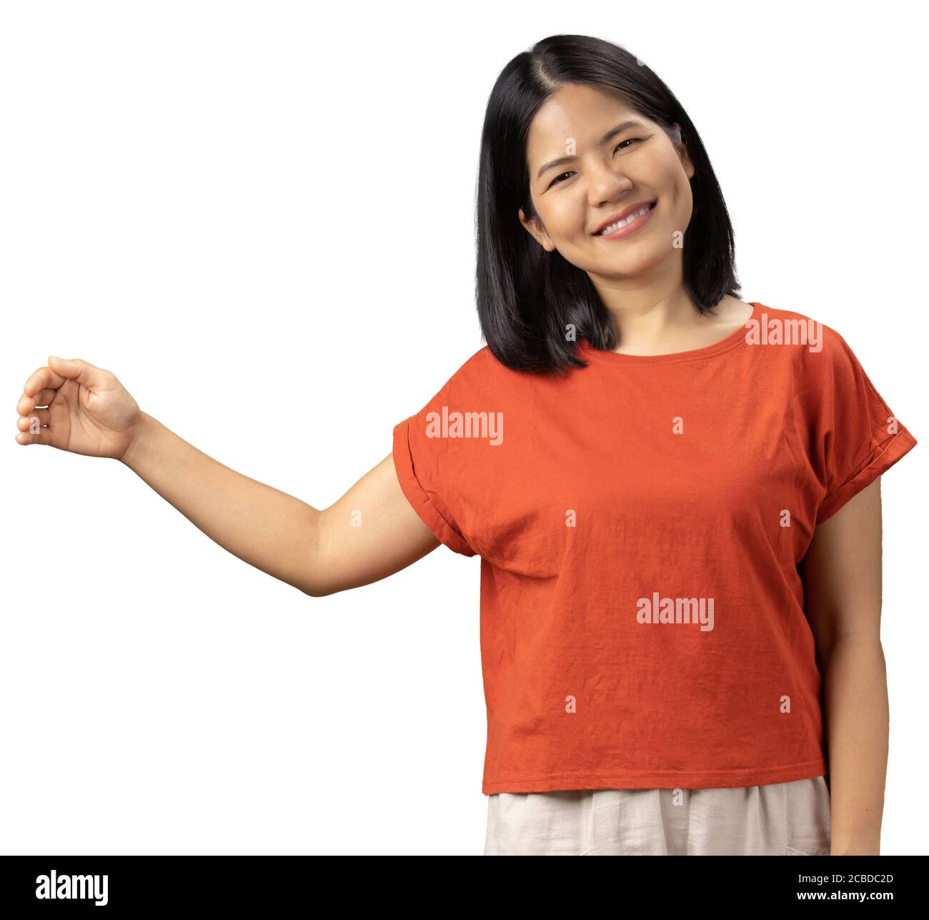Asian woman wear red t-shirt extend hand isolated on white background ...